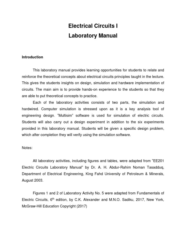 Laboratory Manual Electrical Circuits I | PDF