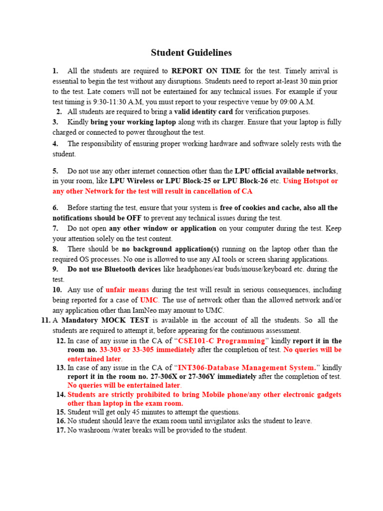 Student Guidelines For Online Tests LPU | PDF