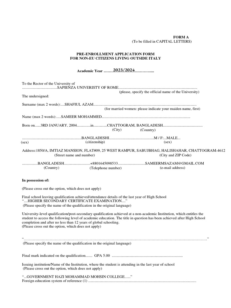 Pre-Enrollment Form for Non-EU Students | PDF | University And College ...