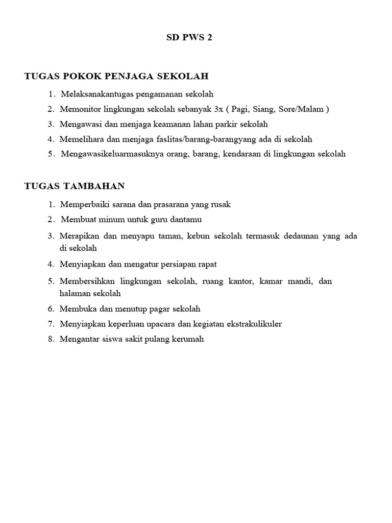 Tugas Penjaga Sekolah SD PWS 2 | PDF