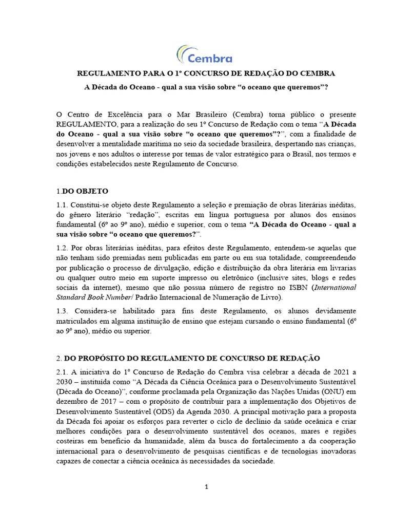 Regulamento Do Concurso de Redacao Cembra - Atualizado 27jul2023 Mod Fred 5 Corrigido em 28.071 ...