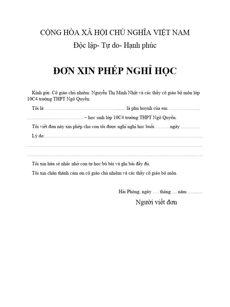 Đơn Xin Nghỉ Học 10C4 | PDF