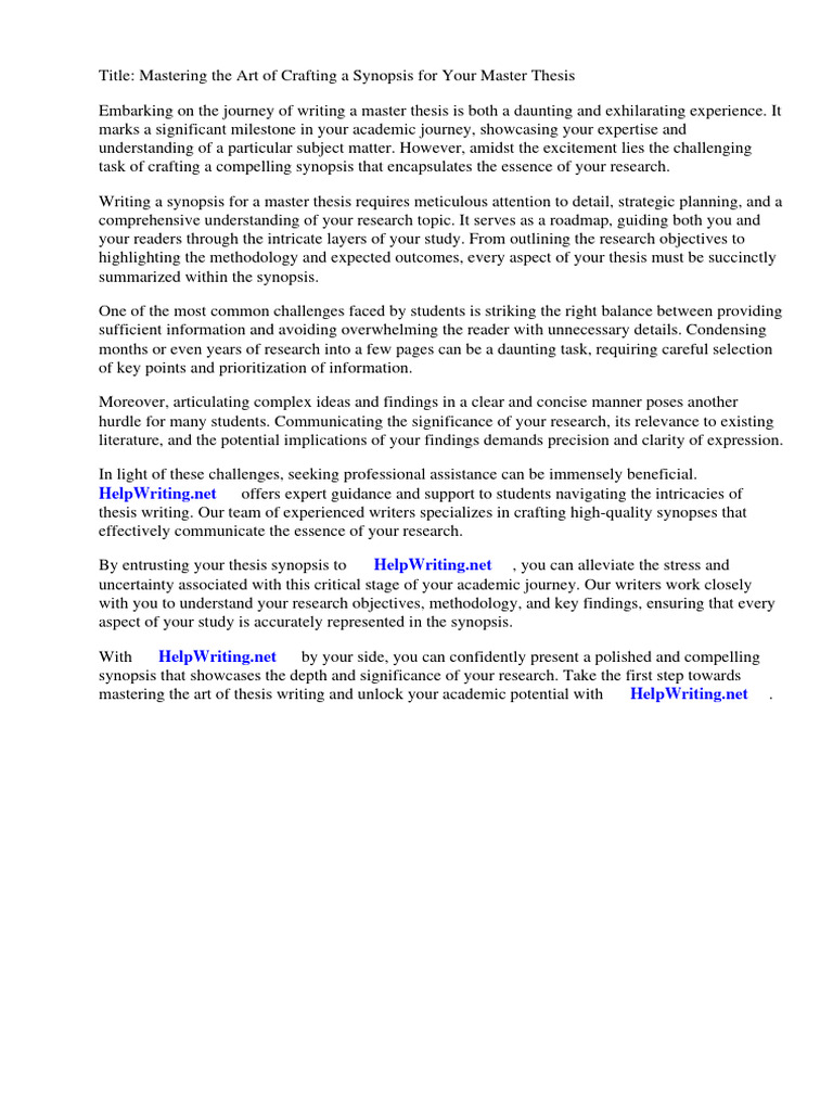How To Write A Synopsis For A Master Thesis | PDF