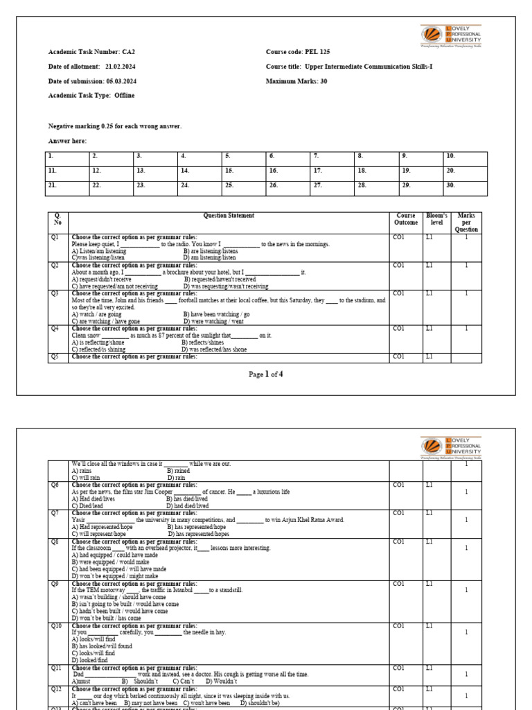 Sample paper of Pel 125 Ca | PDF