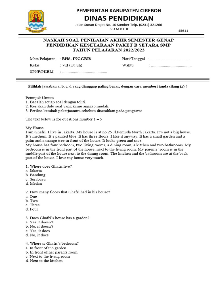 Soal Pas BHS Inggris KLS 7 | PDF