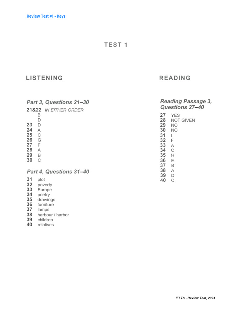 IELTS Review Test I LR Keys | PDF