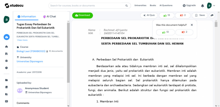 Tugas Essay Perbedaan Se Prokariotik Dan Sel Eukariotik - Nama NIM ...