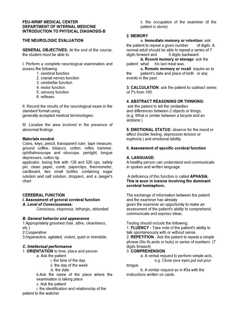 Neurologic Exam IPD Handout | PDF