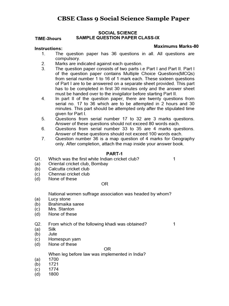 Class 9 SST Sample Paper with Solutions | PDF