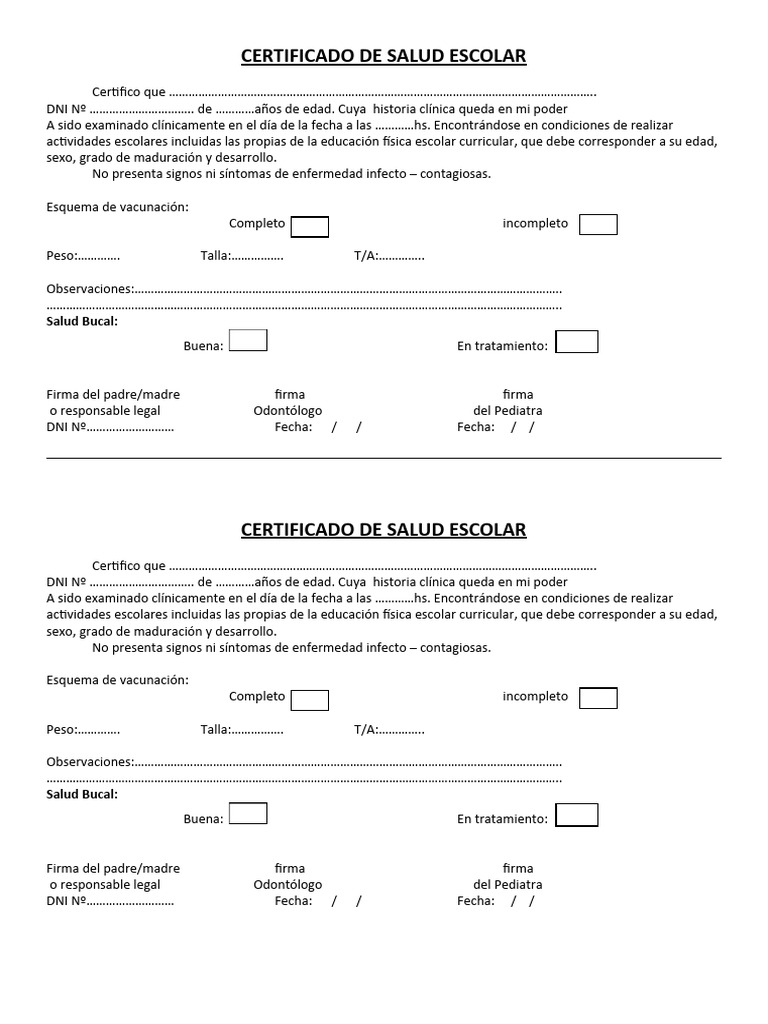 Certificado de Salud Escolar | PDF