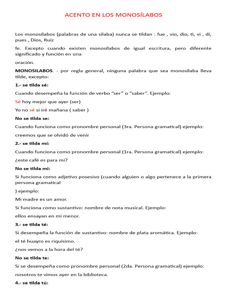 Acento en Los Monosílabos | PDF | Sustantivo | Pronombre