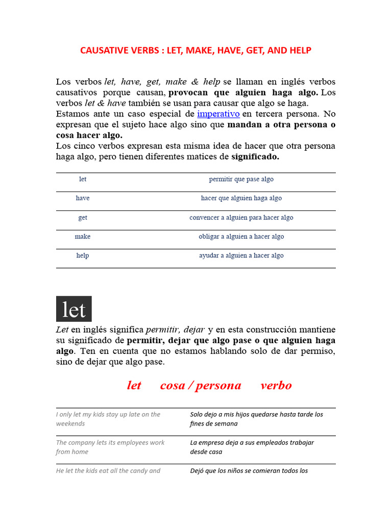 Causative Verbs Explained: Let, Make, Have, Get, Help | PDF | Language Arts & Discipline