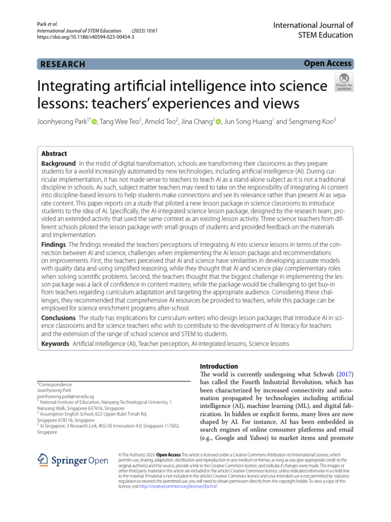 Integrating Artificial Intelligence Into Science Lessons: Teachers ...