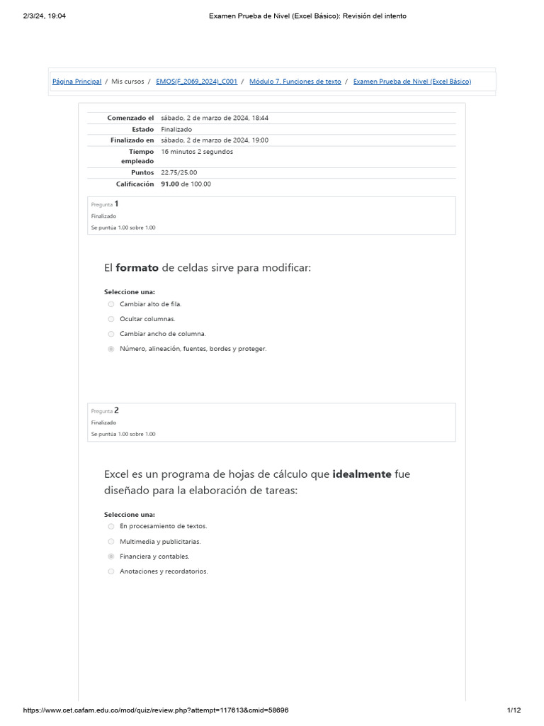 Examen Prueba de Nivel (Excel Básico) - Revisión Del Intento 7 | Descargar gratis PDF ...