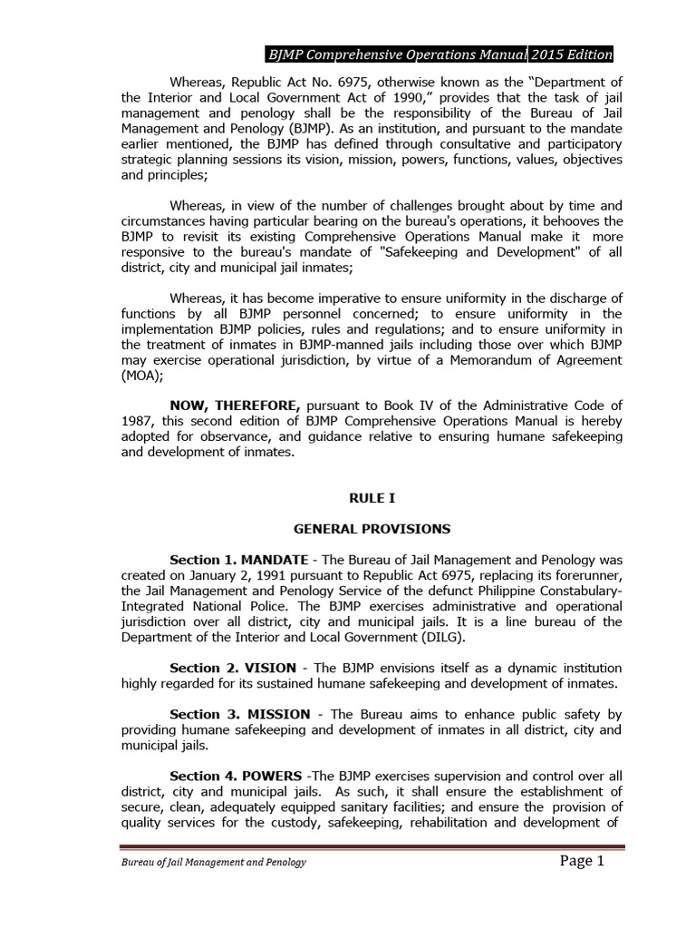 BJMP Operational Manual 2015 Rule I-Vii | PDF | Prison | Psychiatry
