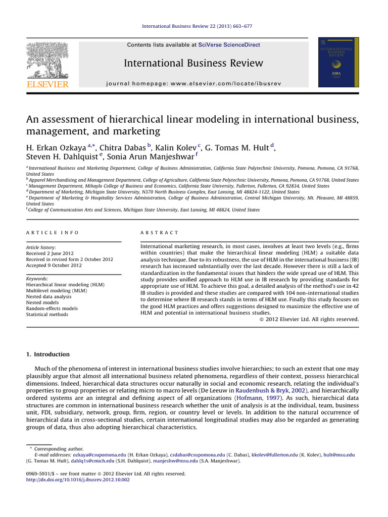 An assessment of hierarchical linear modeling in international business | PDF
