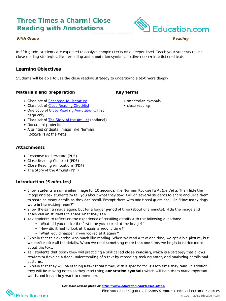 Close Reading and Annotations for 5th Grade | PDF