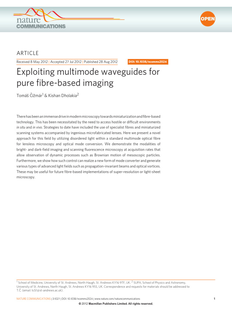 1 - Exploiting Multimode Waveguides For Pure Fibre-Based Imaging | PDF