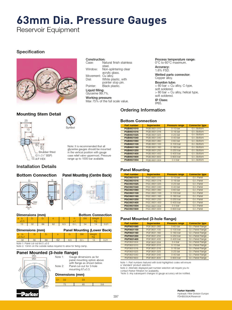 Parker Hannifin Pressure Gauge Specs | PDF | Pressure Measurement ...