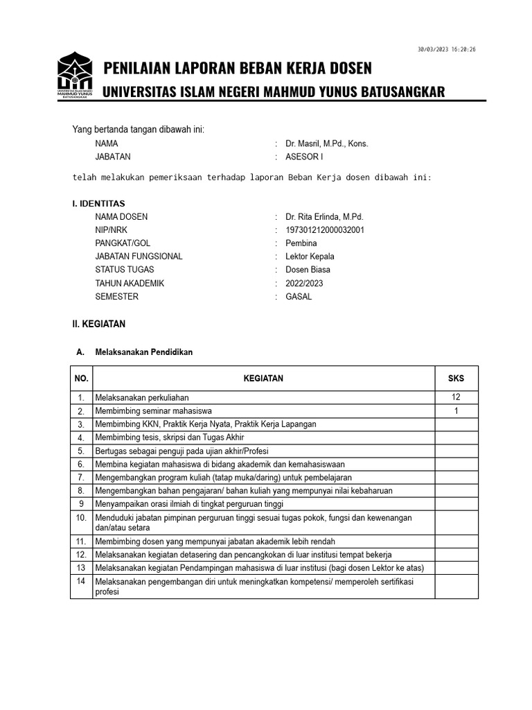 Penilaian BKD - Nilai BKD | PDF