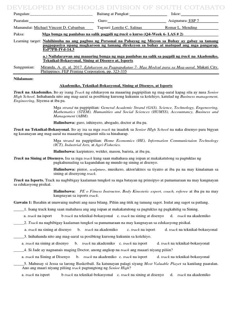 Esp7 Quarter 4 Week 6 Las 2 | PDF
