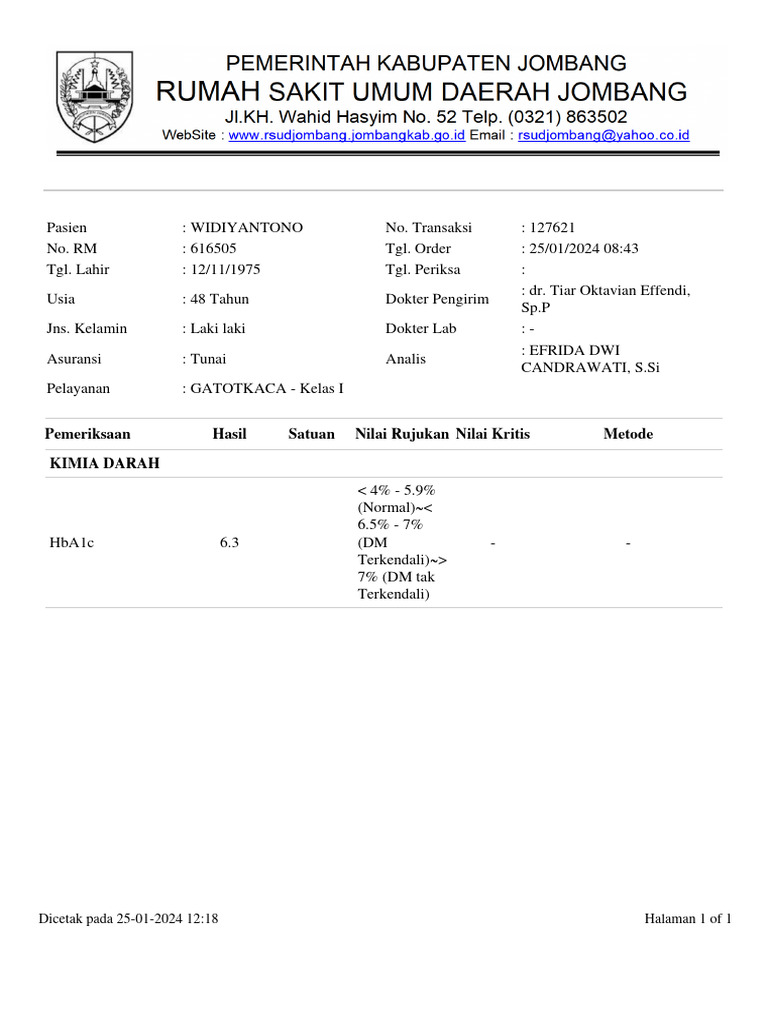Hasil Lab HbA1c Pasien Widiantono | PDF
