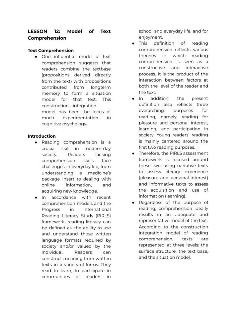 LESSON 12 Model of Text Comprehension | PDF | Science & Mathematics