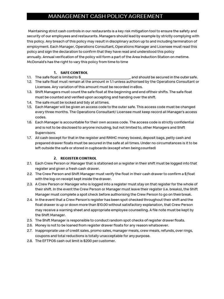 Manager Cash Policy | PDF | Receipt | Cash