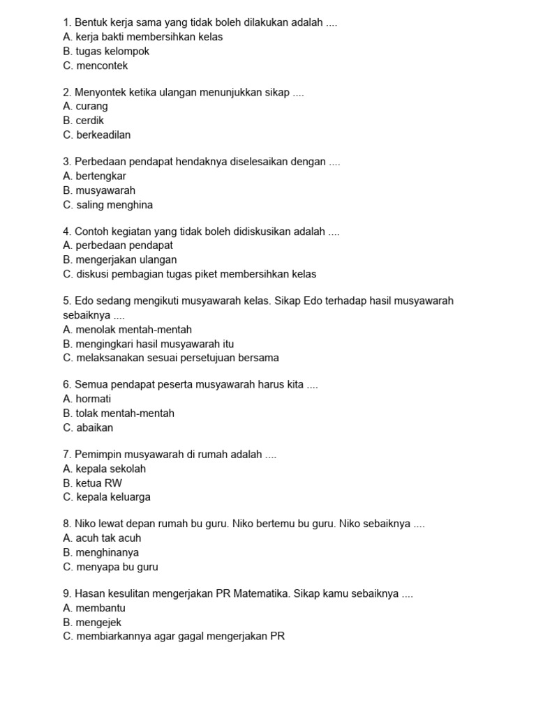 soal pancasila kelas 1 sd 2 | PDF