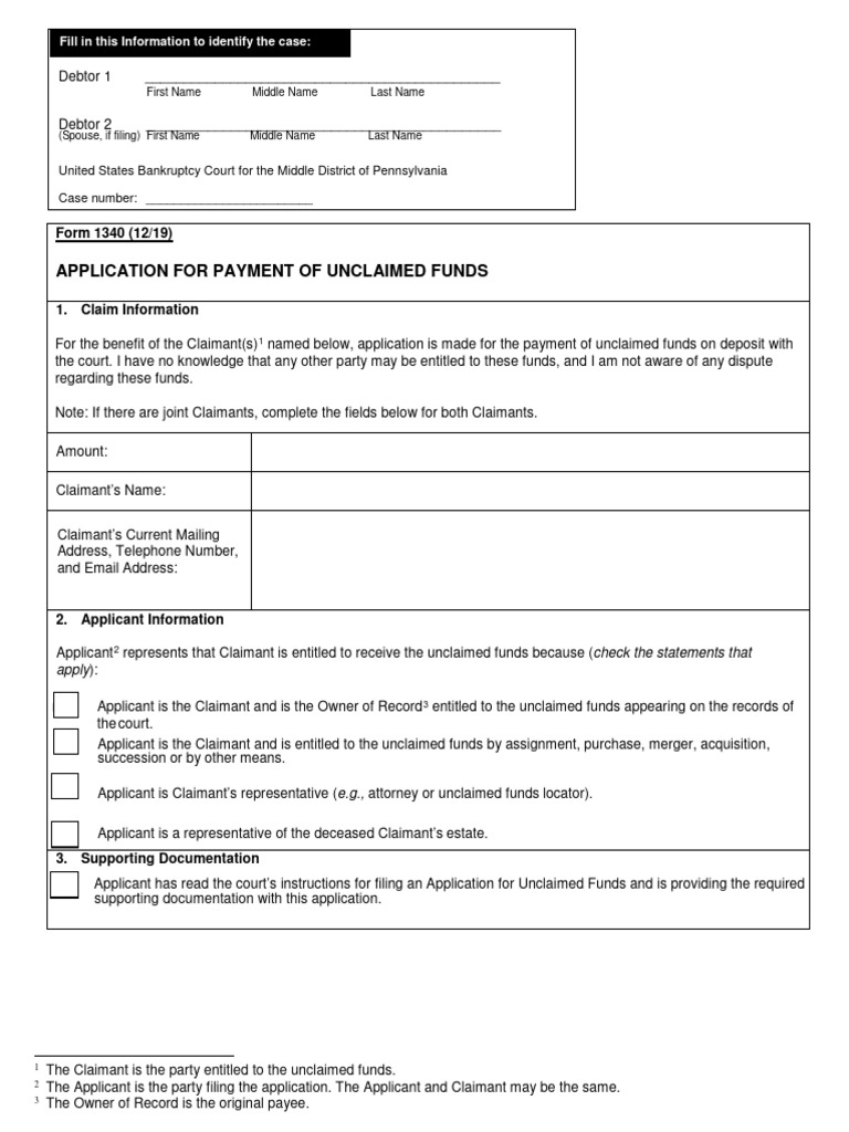 Form 1340 Application Unclaimed Funds | PDF | Bankruptcy | Common Law