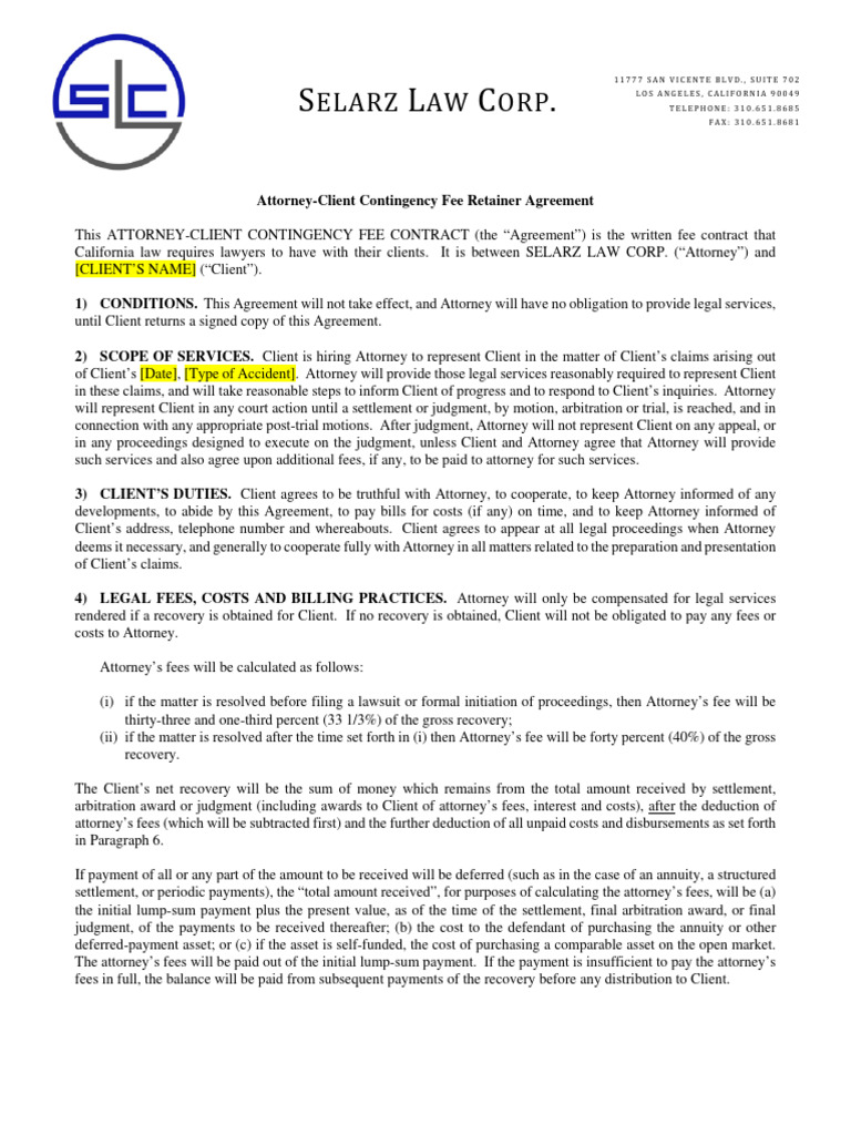 Attorney Client Contingency Fee Retainer Agreement Sample | PDF ...
