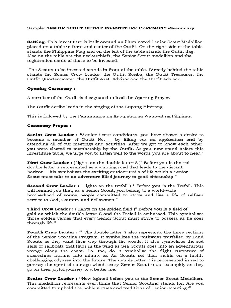 Script Senior Scout INVESTITURE Ceremony | PDF | Scouting | God