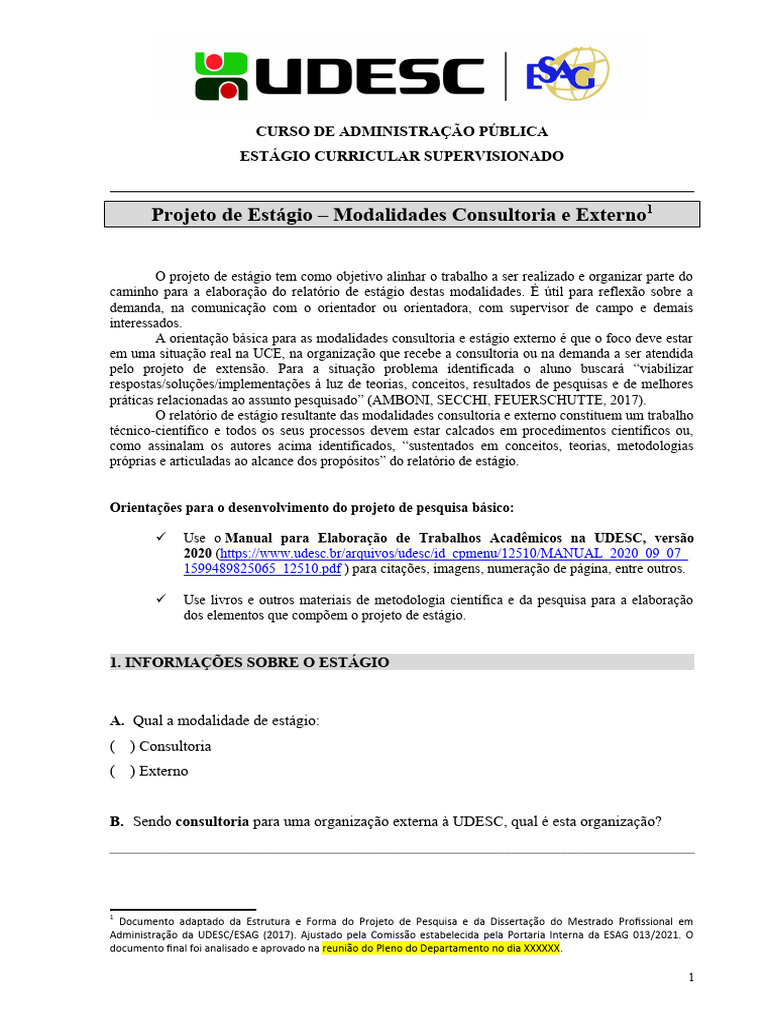 1 Projeto de Est Gio MODELO Modalidades Consultoria e Externo DAP 16221551143557 782 | PDF ...