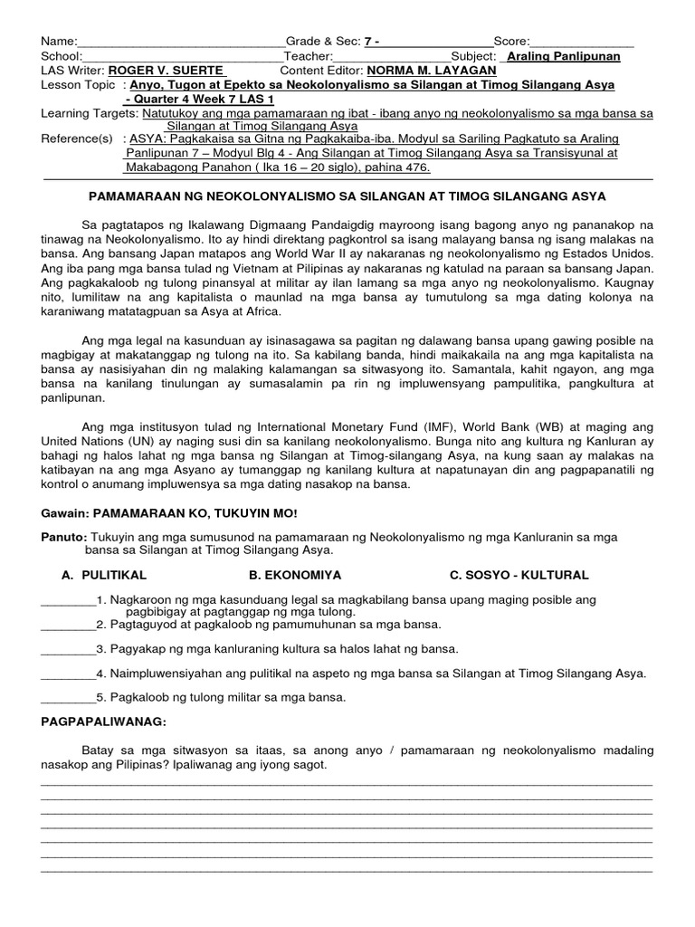 Ap7 Quarter 4 Week 7 Las 1 | PDF