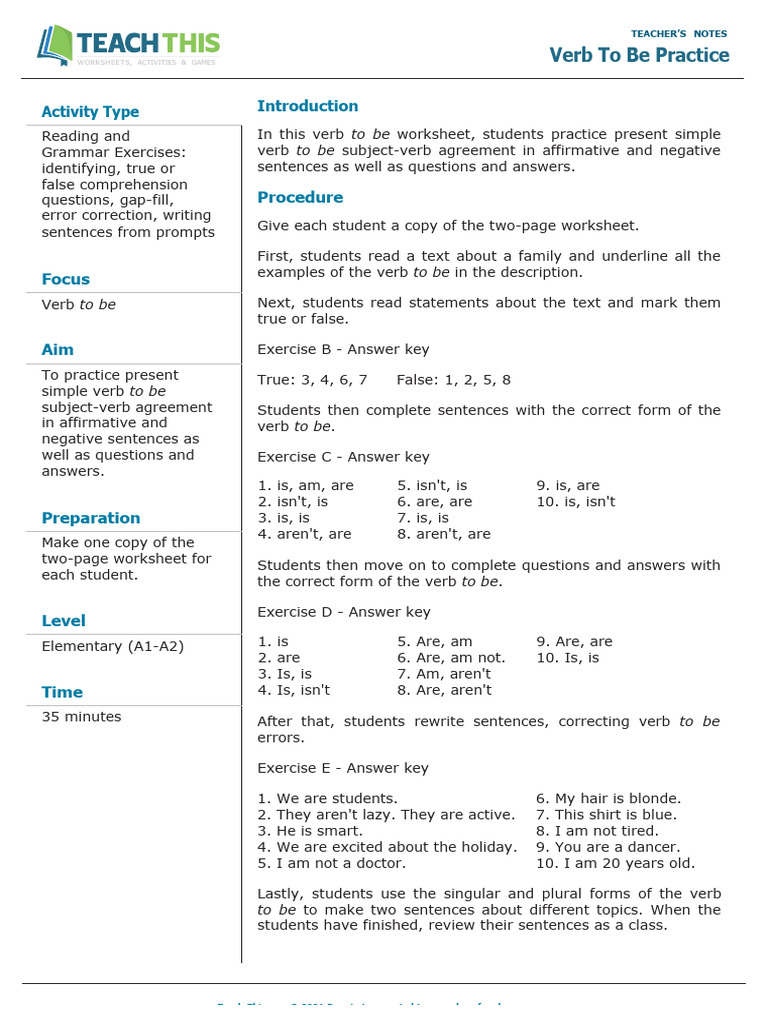 Verb To Be Practice | PDF | Question | Verb