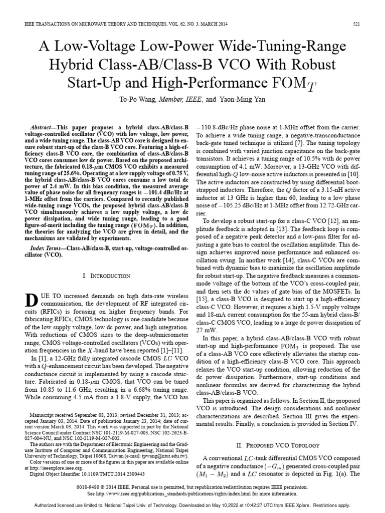 A Low-Voltage Low-Power Wide-Tuning-Range Hybrid Class-AB Class-B VCO With Robust Start-Up and ...