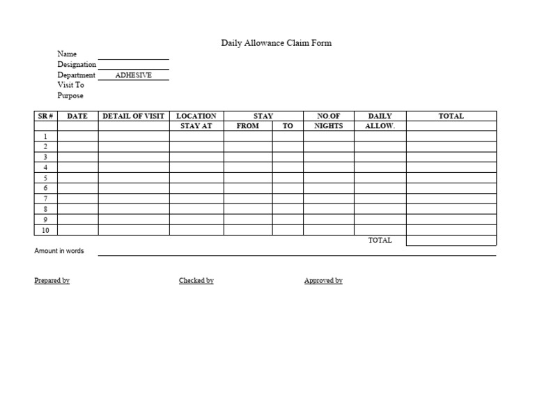 Daily Allowance Claim Form Template | PDF