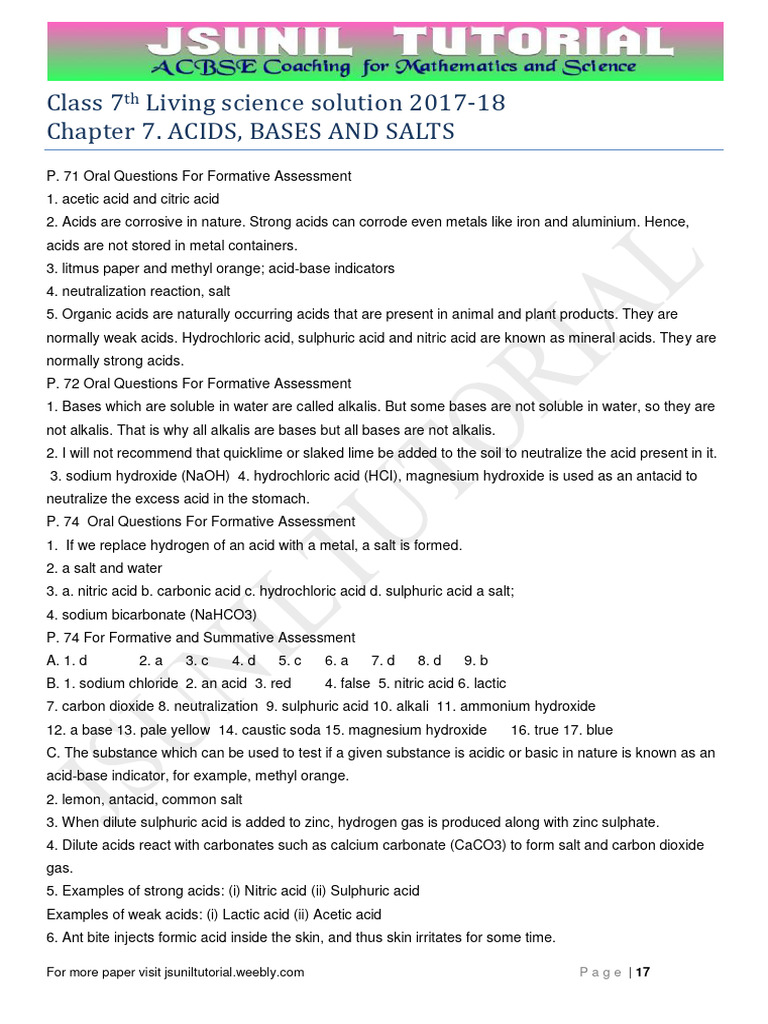 7th ch-7 Acids Bases and Salt Solution Living Science | PDF | Acid ...