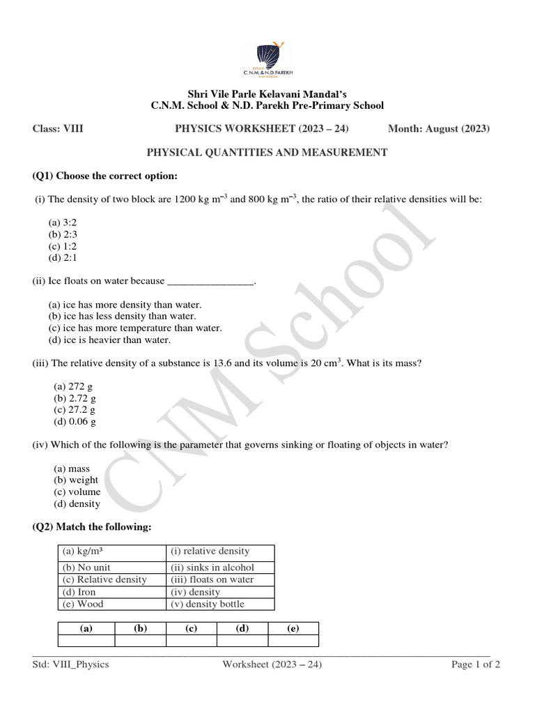 STD 8 Physical Quantities Worksheet | PDF | Density | Buoyancy