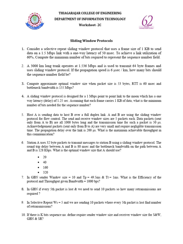 Sliding Window Protocols - Worksheet 2C | PDF