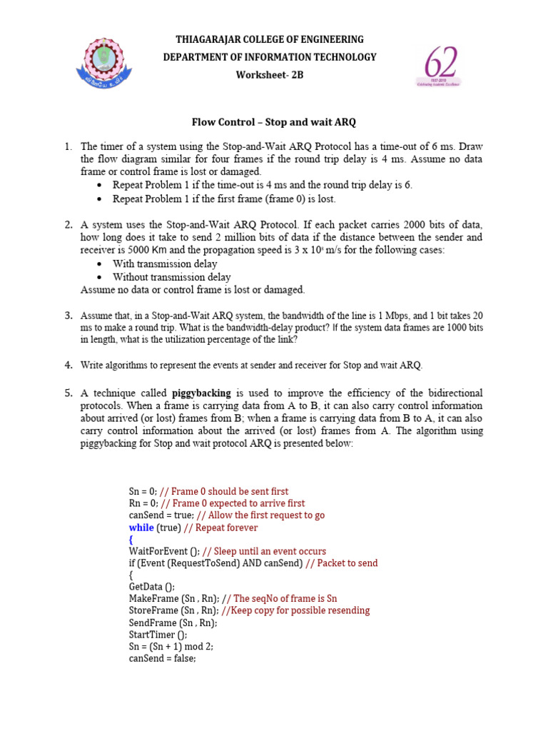 Stop and Wait ARQ Protocol - Worksheet 2B | PDF