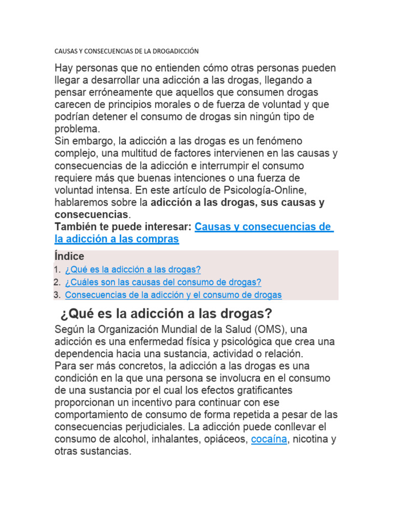 Causas y Consecuencias de La Drogadicción | PDF | La dependencia de sustancias | Medicina CLINICA