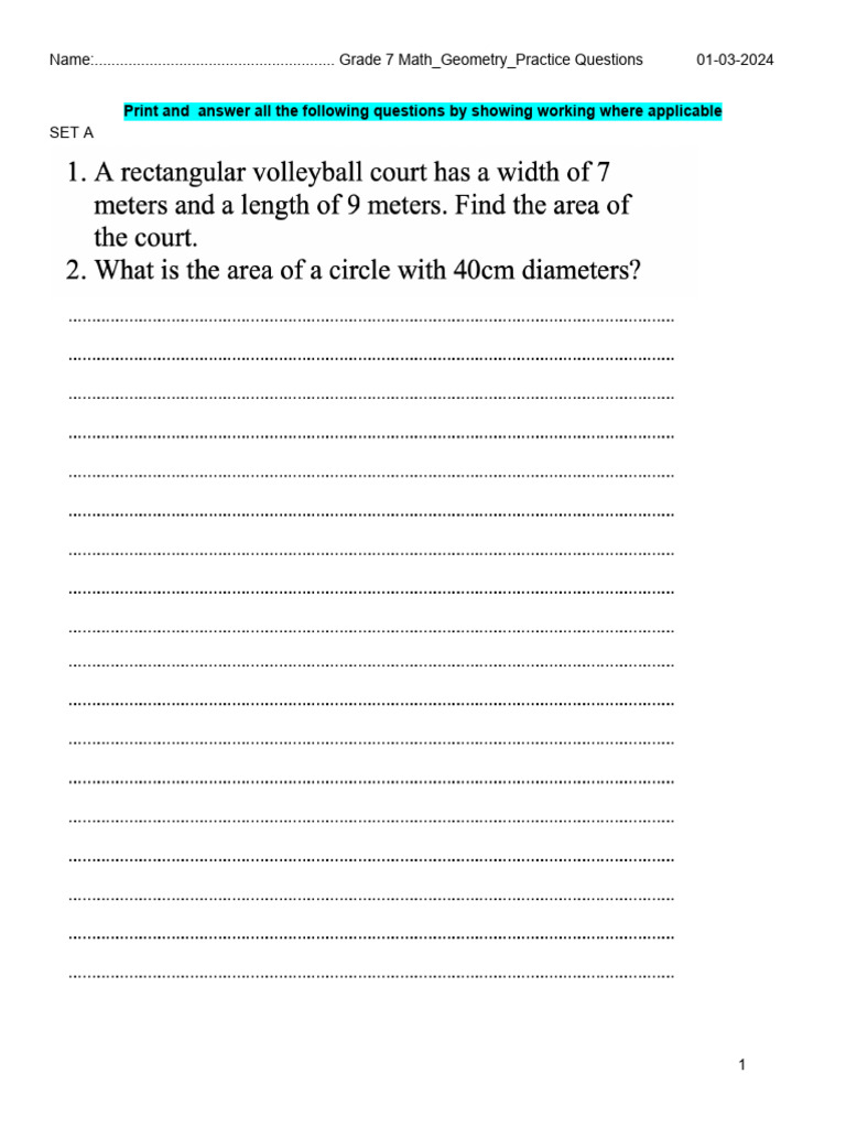 Grade 7 Math - Geometry - Practice Questions 01-03-2024 | PDF