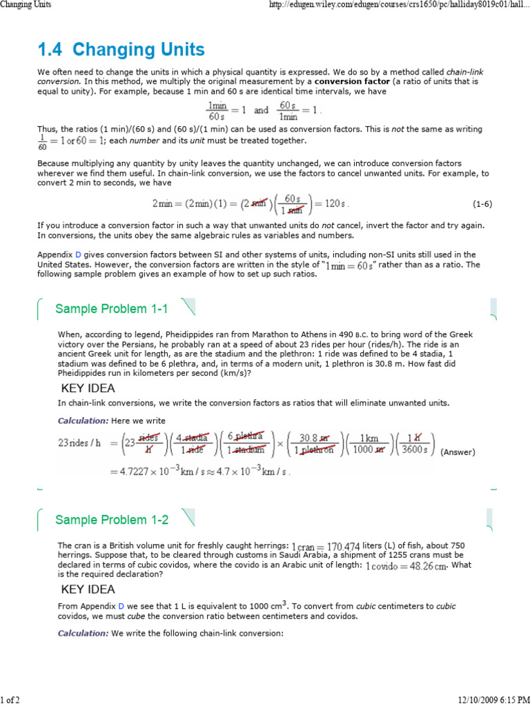 1.4 Changing Units: Sample Problem 1-1 | PDF | Significant Figures | Ratio