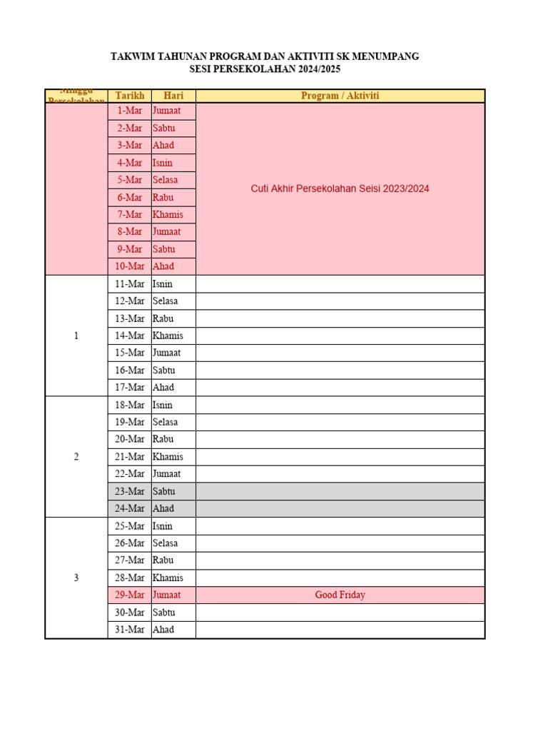 Perincian Takwim Program 2024-2025 | PDF