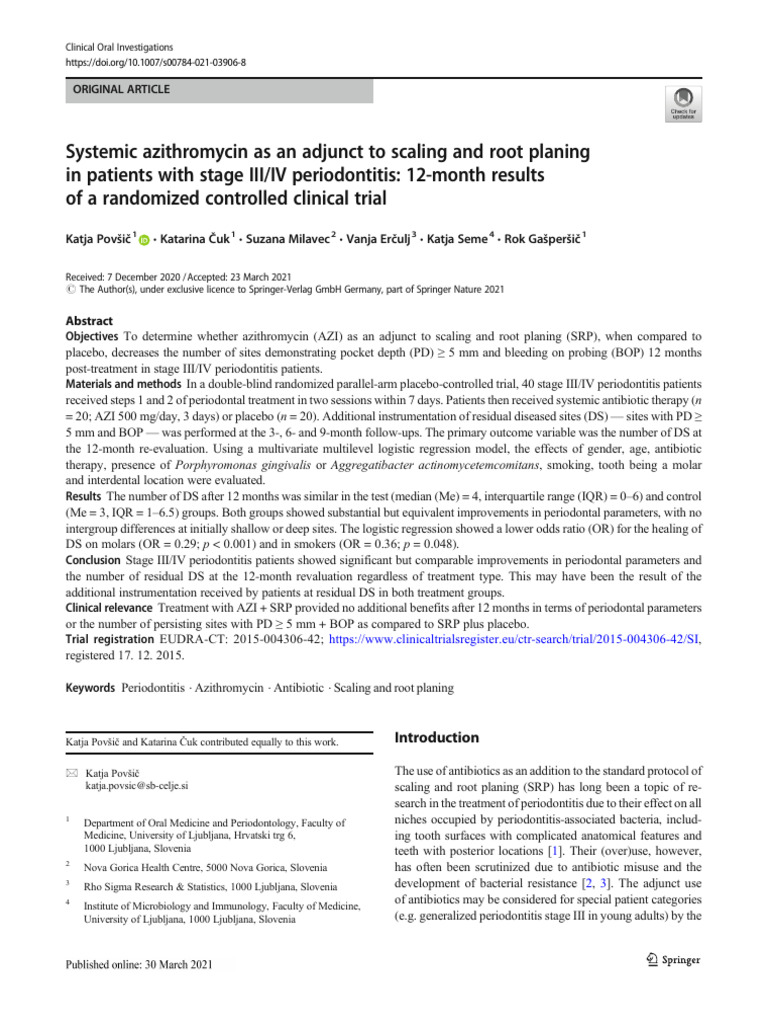 Systemic azithromycin as an adjunct to scaling and root planing in ...