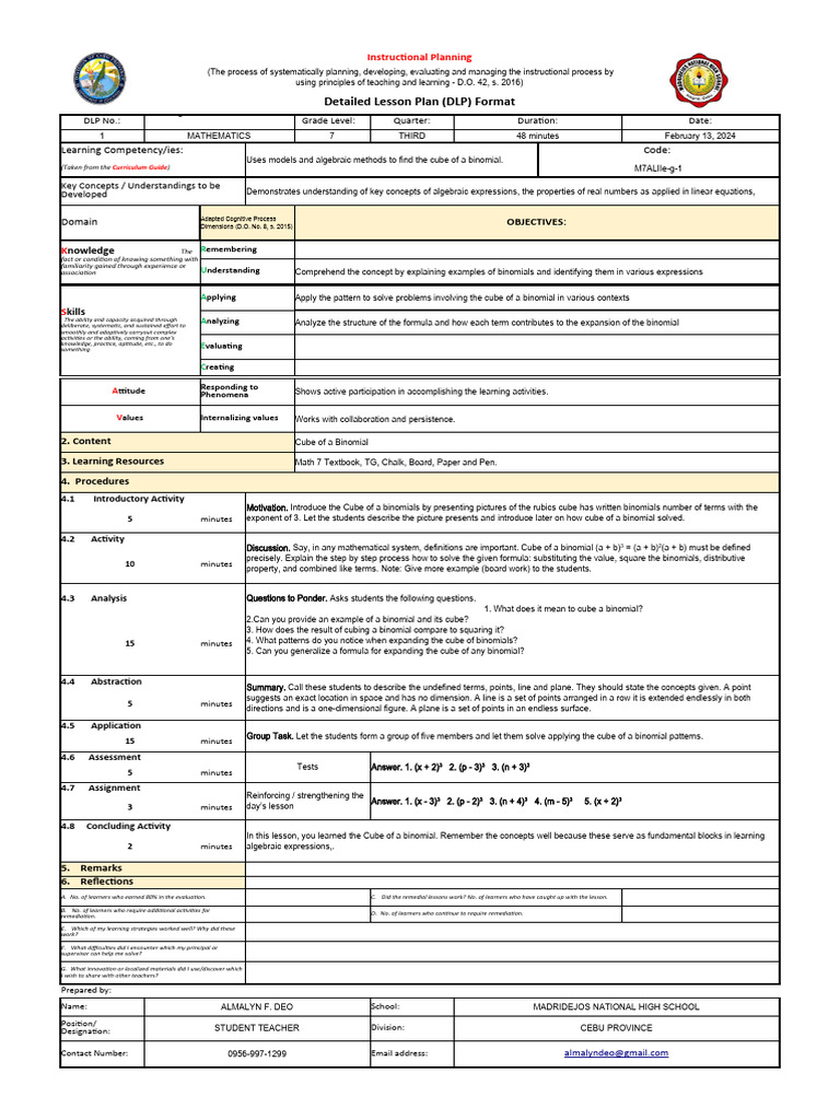 DLP Math 7 Cube of A Binomial 1 | PDF | Teaching Methods & Materials | Art