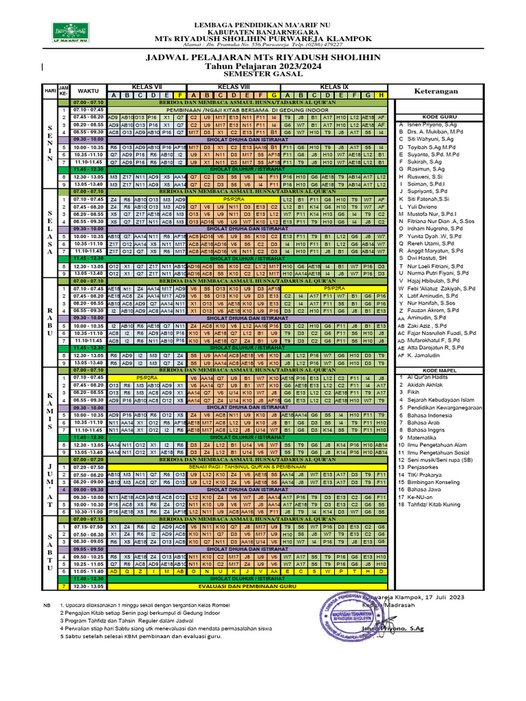 JADWAL PELAJARAN 2023-2024 Ok | PDF
