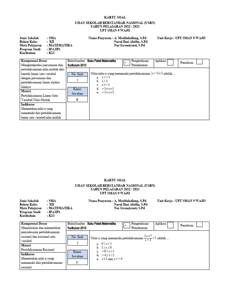 Kartu Soal Us MTK 2023 | PDF
