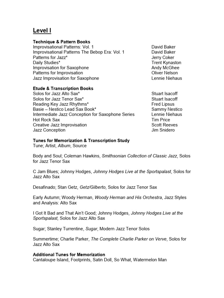 Jazz Saxophone Study Resources List | PDF